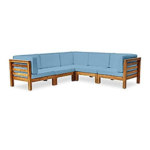 Great Deal Furniture Dawson Outdoor V-Shaped Sectional Sofa Set - 5-Seater - Acacia Wood - Outdoor Cushions - Teak and Blue