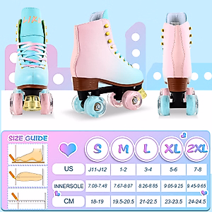 LIKU Quad Roller Skates for Girl and Women with All Wheel Light Up,Indoor/Outdoor Lace-Up Fun Illuminating Roller Skate for Kid (Pink&Blue, 7-8)