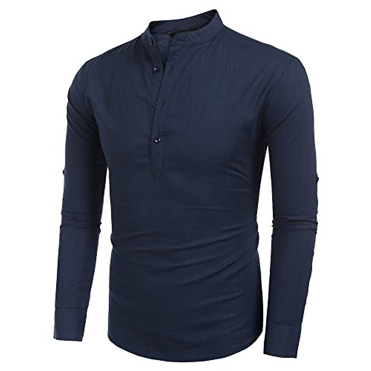 COOFANDY Mens Cotton Linen Henley Hippie Casual Beach T Shirt, Navy Blue, X-Large, Long Sleeve