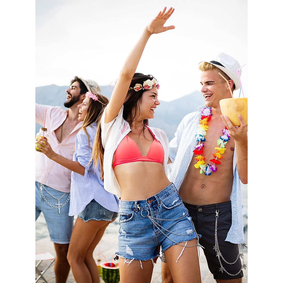 5 Pieces Chain Belt Jeans Pants Chain Pocket Waist Chain Multi-Layer Hip Hop Metal Wallet Chain for Men Women (Leaf,Silver)