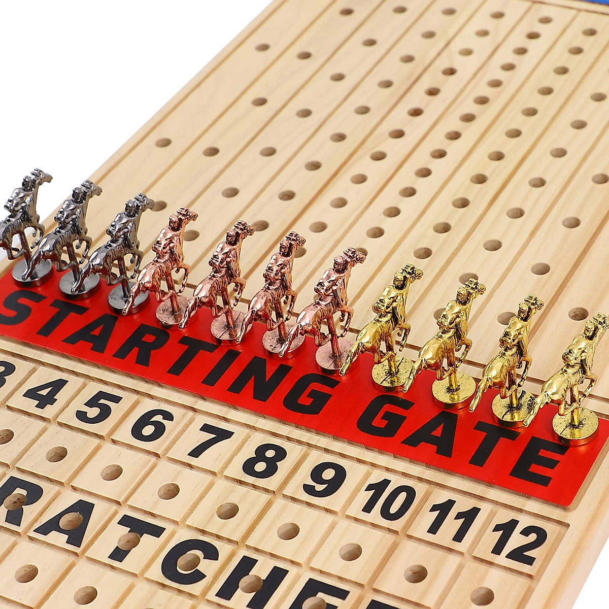 Grhonior Large 21 inches Horse Racing Board Game with 11 Luxury Metal Horses Thickened Wood Game Chessboard Including Dice and Cards FINISH LINE Race Game Board