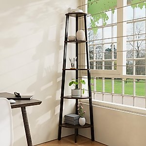 Corner Shelf Stand,5-Tier Corner Bookshelf Storage Standing Unit with Metal Frame,Corner Bookcase Plant Stand for Living Room,Bathroom,Home Office,Bedroom,Rustic Brown