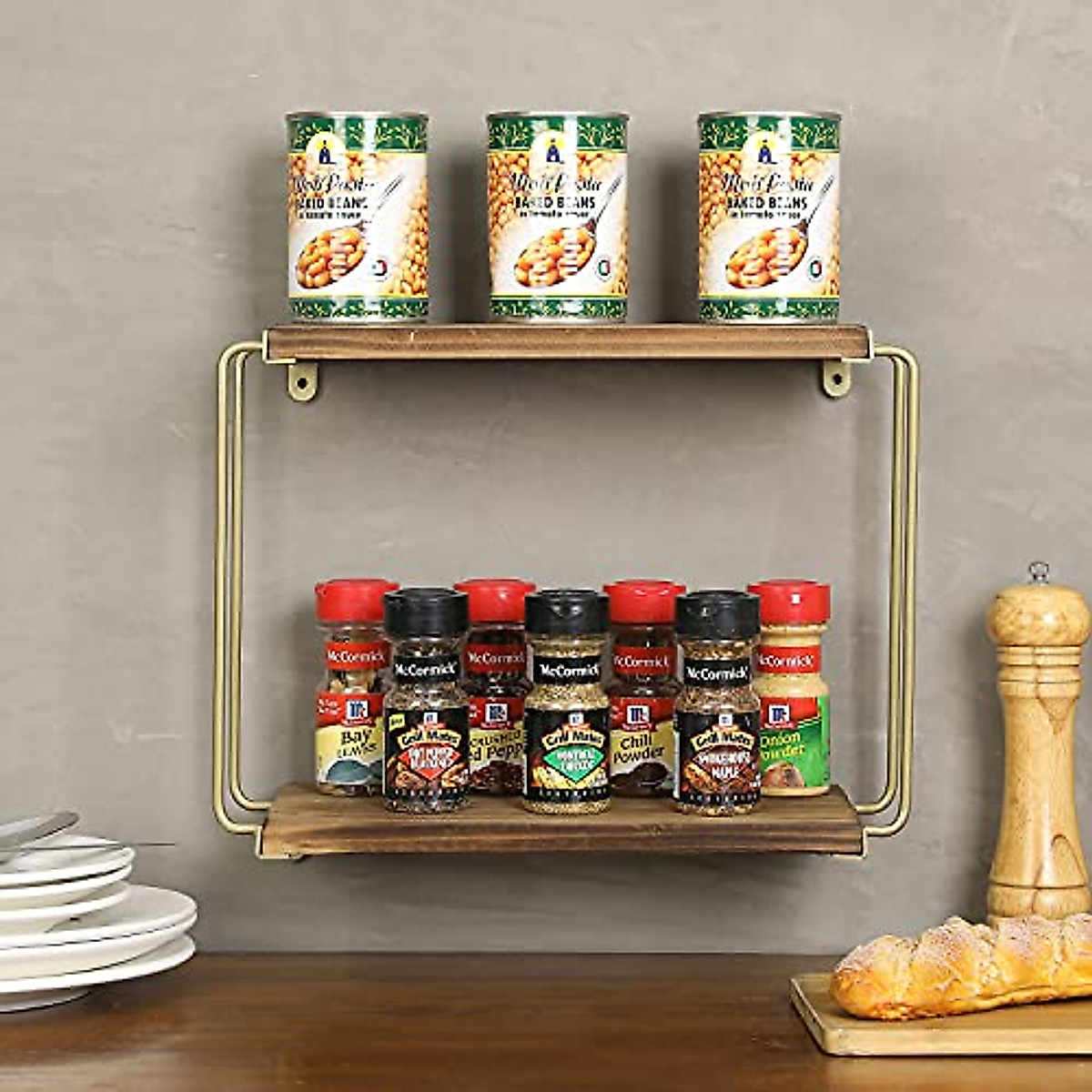 MyGift 2-Tier Burnt Wood Wall Mounted Display Shelves with Vintage Brass Metal Frame