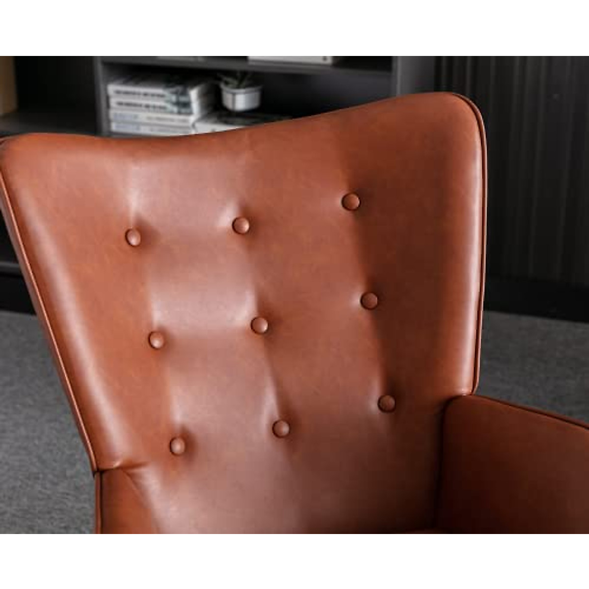 CIMOTA Leather Rocking Chair Nursery, Modern Armchair Tufted Wingback Comfy Rocker Chair with Thick Padded Seat for Nursery/Bedroom/Living Room, Faux Leather Retro Brown