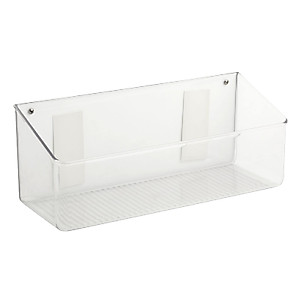 mDesign Wall Mount Plastic Home Storage Organizer Tray Basket with Self-Adhesive Tape - Hanging Bin Shelf for Walls/Doors in Entryway, Mudroom, Bedroom, Bathroom, Office, Laundry, 16" Wide, Clear