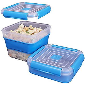 COOL GEAR 3-Pack Collapsible 7.5 Cup Square Food Container | Dishwasher and Microwave Safe | Perfect for On The Go Lunches and Leftovers | Expands to Hold 2x More | Air Tight Snaps Keeps Food Fresh