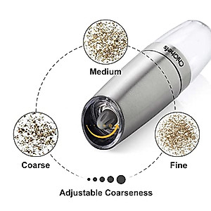 Electric Gravity Salt and Pepper Mill Set, Automatic Salt and Pepper Mill Grinder, Battery Operated with White LED Light, Adjustable Coarseness, One Handed Operation, Matte Black by ChiChefs