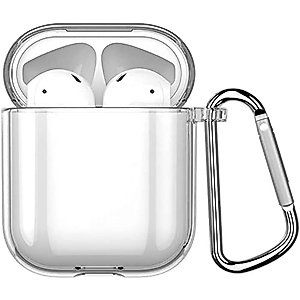 AirPod Protective Case, Crystal Clear Hard-Shell Silicone Protective Case, Compatible with Apple AirPod 1 & 2, with Carabiner / Keychain Hook, Visible Front LED, Allows for Wireless Charging