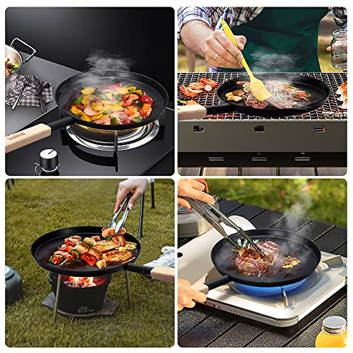 bodkar Frying Pan Skillet 8-inch Flat Crepe Pan, Lightweight Grill Pan with Wooden Handle for Camping Indoor Outdoor Cooking