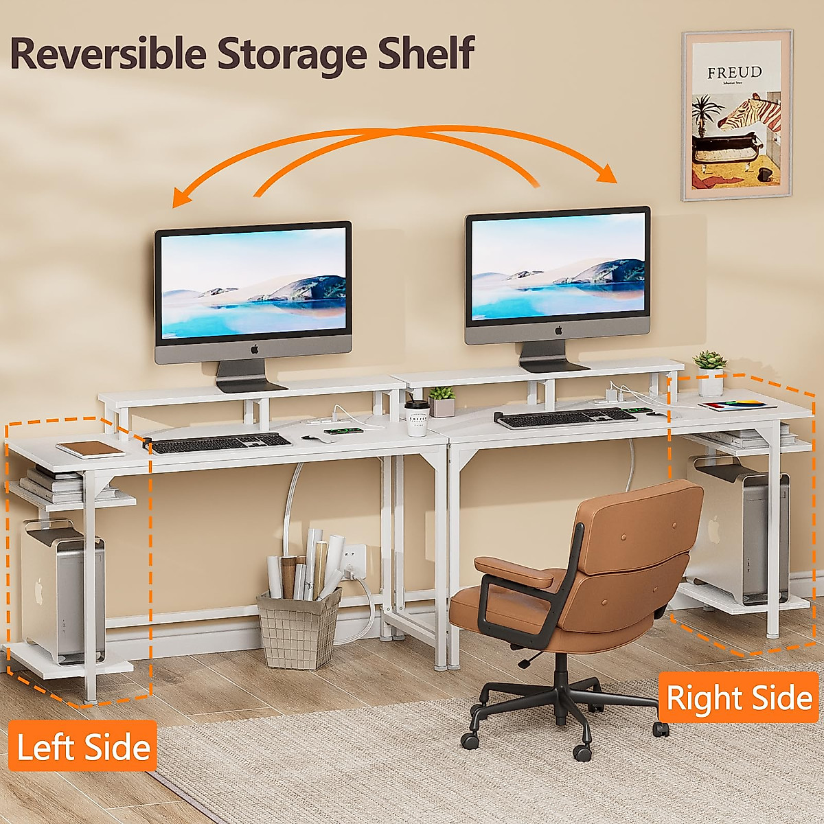 Furologee White Desk with Power Outlets and LED Lights, 47" Office Gaming Desk with Shelves and Fabric Drawer, Reversible Study Table with Monitor Stand and Hooks