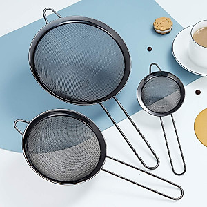 Kyraton Black Fine Mesh Strainer 3 Pieces Set, Flour Sifter For Baking, Stainless Steel Clander, Matcha Tea Strainer, Gravy Separator, Stasher Sieve Pasta Strainers