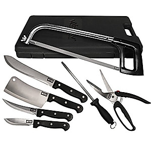 Weston 10-Piece Game Processing Knife Kit, 8" Butcher, 6" Cleaver, 5.3" Fillet, and 4.2" Skinning Knives, Adjustable 12.25" Butcher Saw, Sharpener, Shears & Storage Case, Stainless Steel (83-7001-W)