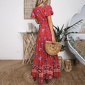 Casual Dresses for Women Midi Length Ladies Summer Casual V Neck Floral Print High Waist Belt Short Sleeve Hem Slit Wrap