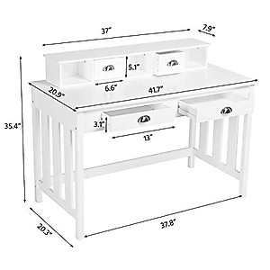 Yaheetech Modern Computer Desk with Removable Tier, 41.7in Girls' Wooden Standing Desk Laptop PC Table Writing Desk with 4 Drawers & Solid Wood Legs for Home Office, Study Workstation, White