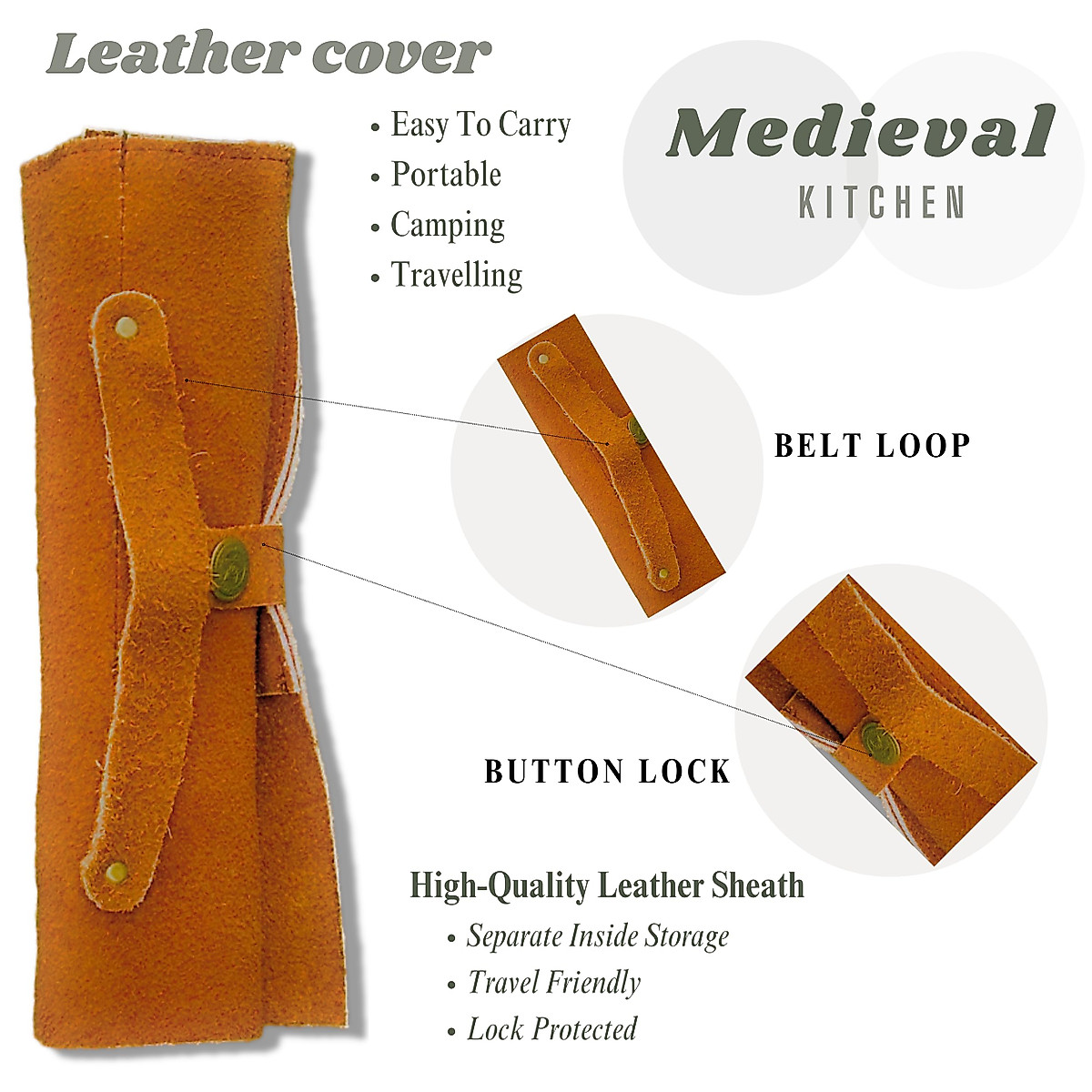 Hand Forged Medieval Eating Utensils Set with Leather Cover - 4 PCS Viking Cutlery Set Fork Spoon and Knife Set - Medieval Feasting Silverware and Flatware Set