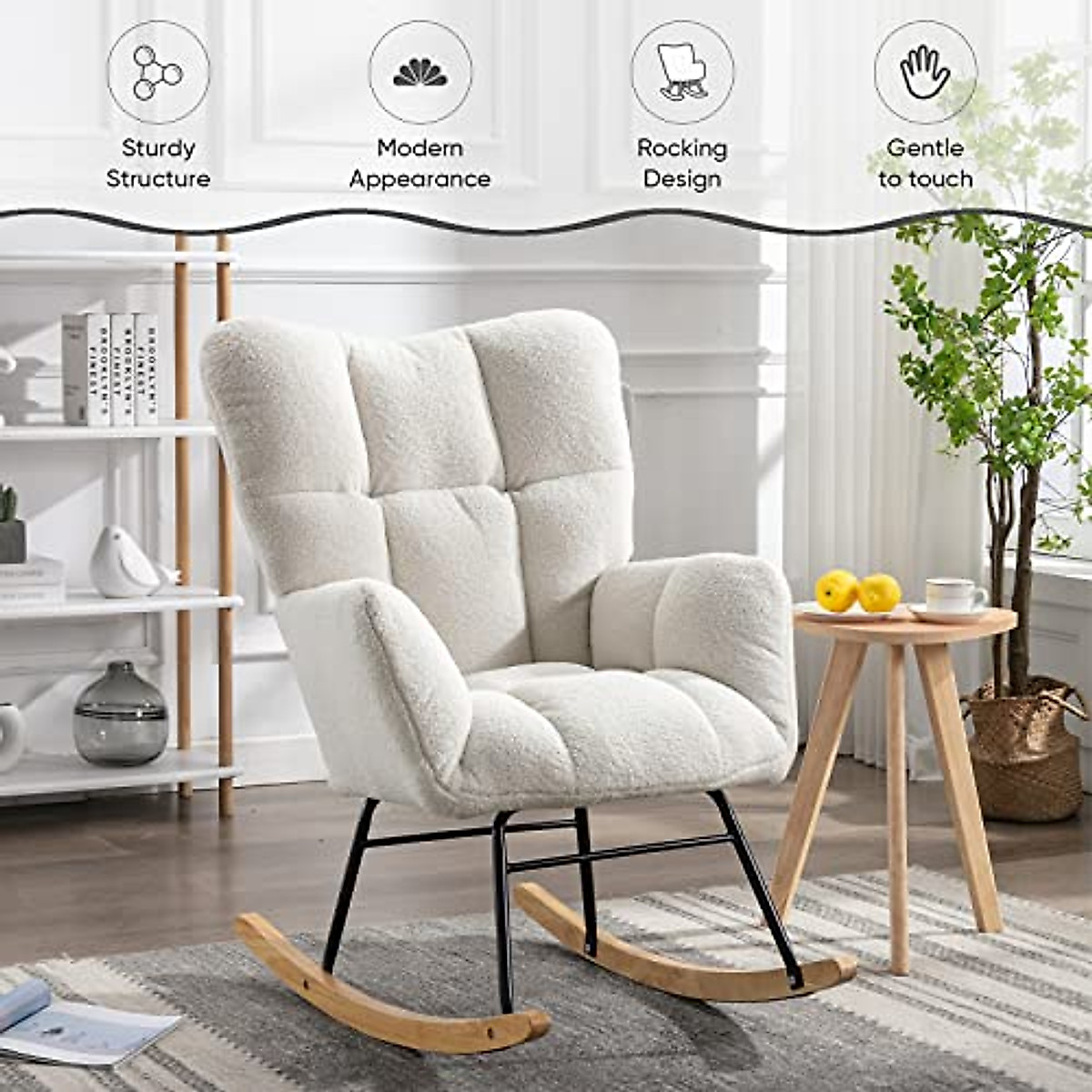 KINFFICT Teddy Velvet Rocking Accent Chair, Uplostered Glider Rocker Armchair for Nursery, Comfy Side Chair for Living Room, Bedroom (Beige+Teddy Fabric)
