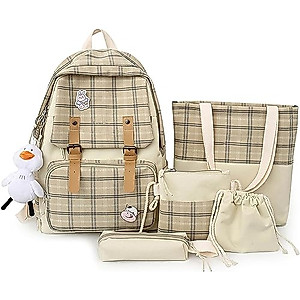 5Pcs Kawaii Backpack Casual Bags Cute Aesthetic Backpacks with Tote Handbag Pencil Pen Case Pouch,with Cute Bear Pendant Pins (Khaki)