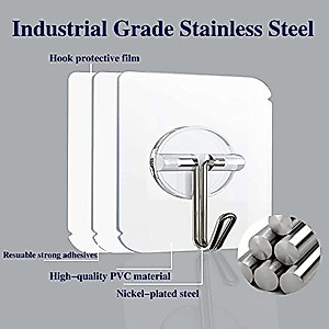 KAKAMINA 100 Pack Adhesive Hooks Wall Hooks 24lb(Max) Heavy Duty Self Adhesive Hooks,Transparent Reusable Adhesive Wall Hooks for Hanging for Kitchens, Bathroom, Office