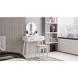 UTEX Makeup Vanity Desk with Round Mirror and Lights,White Vanity Makeup Table, Small Vanity Table with 2 Drawers, 3 Lighting Modes Dresser Desk and Cushioned Stool Set for Bedroom, White