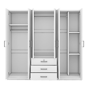 Merax Large White 6 Doors Wooden Wardrobe, Bedroom Tall Armoire Closet Organizer with Big Drawers, Hanging Rails and Shelves, Clothes Storage Cabinet for Garage & Laundry Room, White