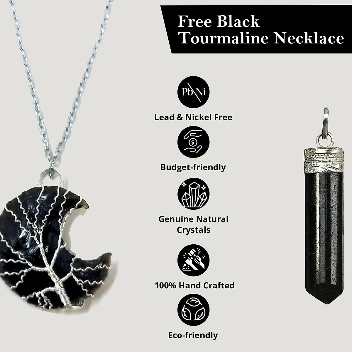 Orgonite Shop Black Obsidian Moon Pendant Necklace, Feng Shui Black Obsidian Wealth Necklace Chakra Jewelry For Women, Self-Healing Handmade Black Obsidian Crystal Gemstone Necklace For Men
