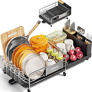 Urackify Dish Drying Rack, Expandable Stainless Steel Dish Rack with Drainboard Set Kitchen Sink Organizer for Counter, Large Capacity Kitchen Accessories with 360° Swivel Spout