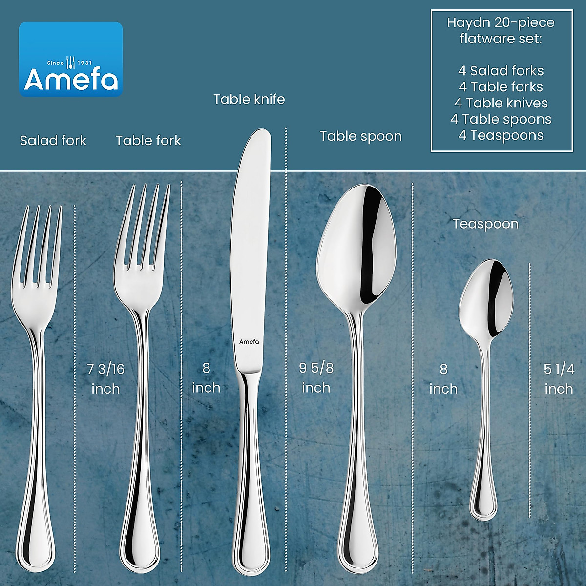Amefa Haydn 20-piece 18/10 Stainless Steel Flatware Set, High Gloss Mirror Finish, Silverware Set Service for 4, Dishwasher Safe, Rust resistant Cutlery.