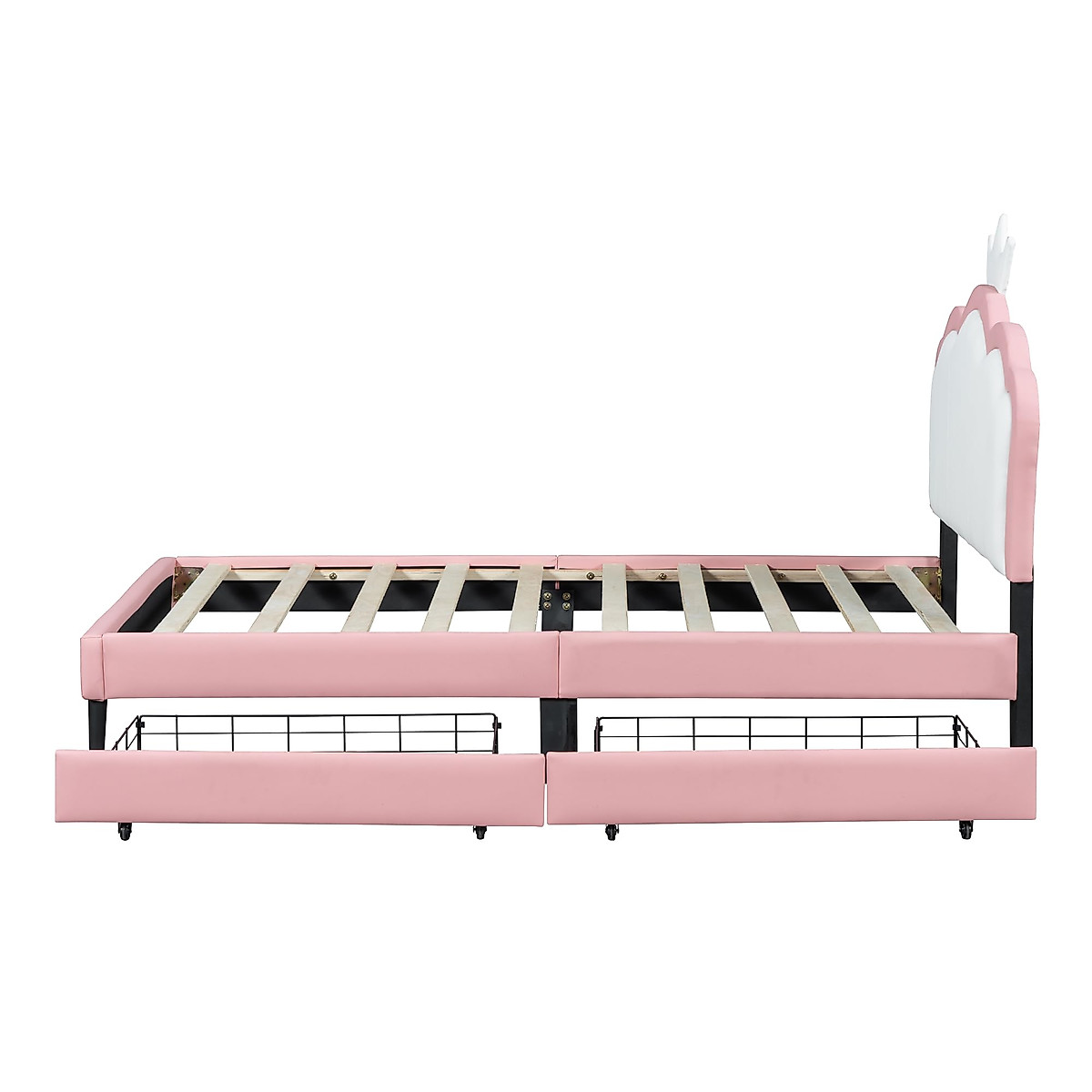 SOFTSEA Twin Size Princess Bed with Storage Drawers, Faux Leather Platform Bed with Crown Headboard for Kids Girls, No Box Spring Needed, Pink