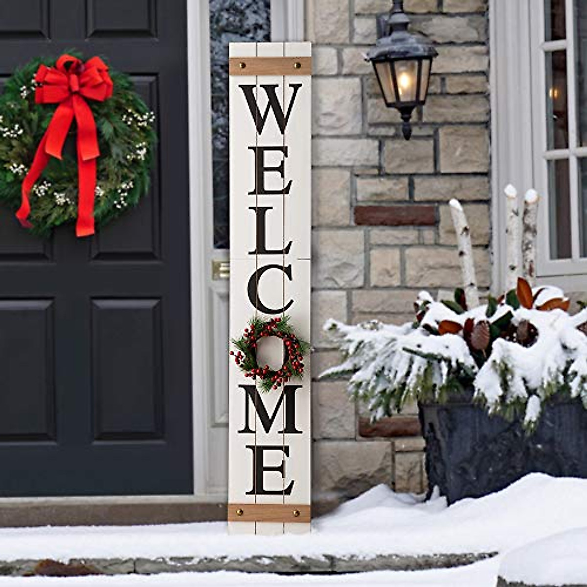 Glitzhome Welcome Sign for Front Door Porch Rustic Farmhouse Wooden Hanging Wall Decor with Interchangeable Floral Wreath, 60" H, White