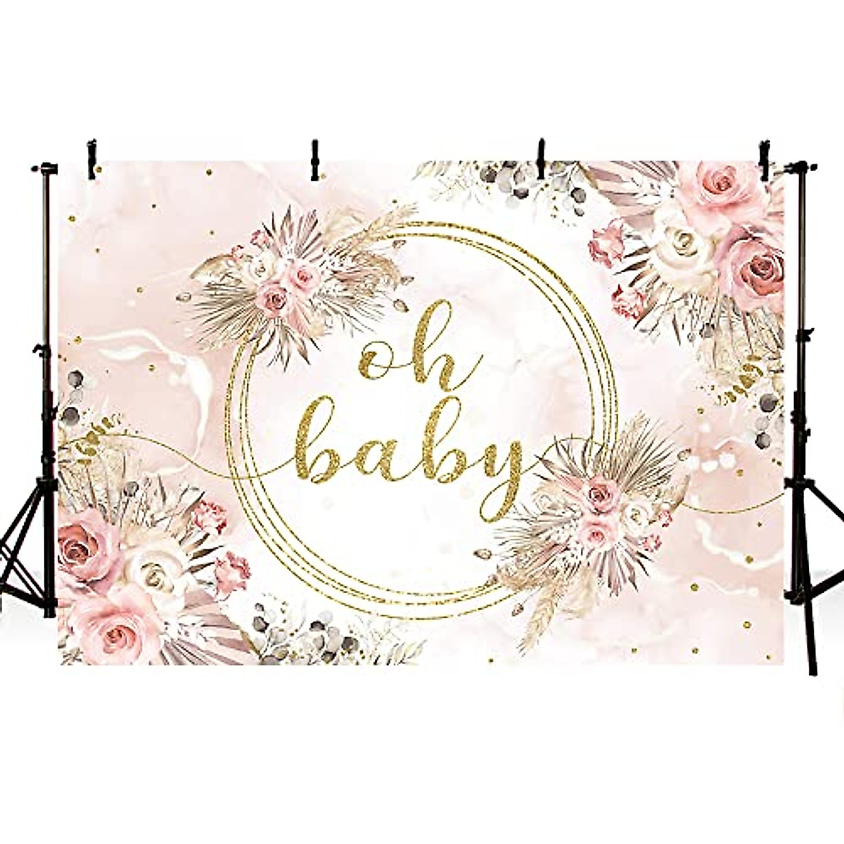 MEHOFOND 7x5ft Oh Baby Backdrop for Girls Baby Shower Boho Pampas Blush Pink Floral Background Newborn Portrait Gold Glitter Sequins Dots Leaves Decorations Newborn Studio Photo Props