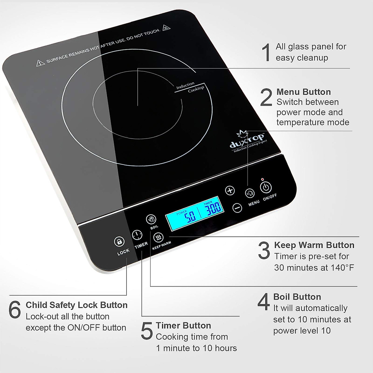Duxtop Portable Induction Cooktop, Countertop Burner Induction Hot Plate with LCD Sensor Touch 1800 Watts, Silver 9600LS/BT-200DZ