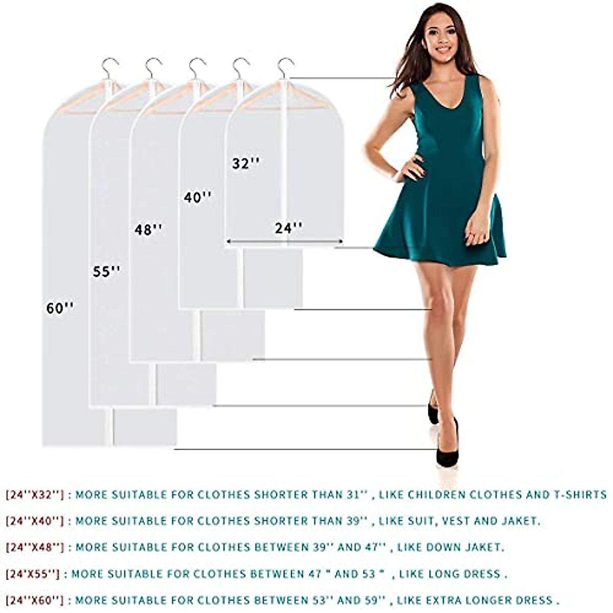 Perber Hanging Garment Bag Lightweight Full Zipper Suit Bags (Set of 10) Clear Garment Bags, PEVA Garment Covers for Closet Clothes Storage -24'' x 40''/10 Pack