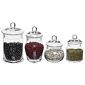 MyGift Decorative Glass Apothecary Candy Jars, Small Wedding Events Table Centerpiece Storage Canisters with Lids, Set of 4