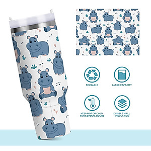 Wfrish Cute Blue Hippos Tumbler with Handle and Straw Lid, 40 oz Insulated Coffee Cup Stainless Steel Water Bottle Travel Mug Cupholder Friendly,Gifts for Women Men