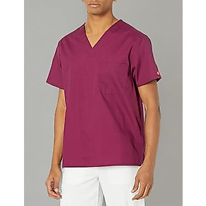 Dickies Men's Signature V-Neck Scrubs Shirt, Wine, Large
