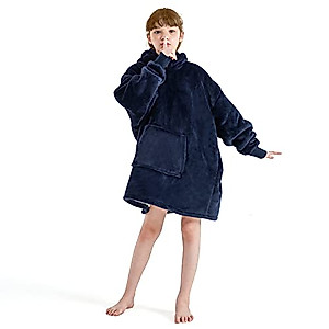 Touchat Wearable Blanket Hoodie, Oversized Sherpa Blanket Sweatshirt with Hood Pocket and Sleeves, Super Soft Warm Plush Hooded Blanket for Kids, One Size Fits All (NavyBlue)