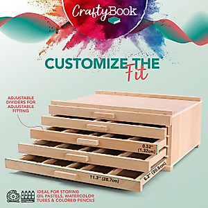 CraftyBook Artist Storage Drawers 2 Pack - 5 Drawer Art Supplies Chest Artist Organizer - Beech Wood Sketch Drawing Supply Storage Box with Removeable Dividers for Pencils, Pens, Paints, and Pastels