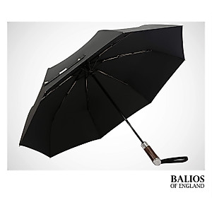 Balios (Designed in UK) Travel Umbrella Luxurious Golden Hardwood Handle Auto Open & Close Windproof Frame Single Canopy Automatic Folding Umbrella Men's & Ladies (Jet Black)
