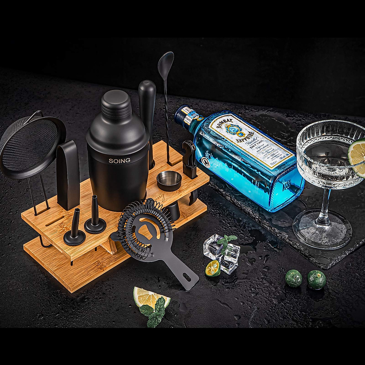 Soing 11-Piece Black Bartender Kit,Perfect Home Cocktail Shaker Set for Drink Mixing,Stainless Steel Bar Tools with Stand,Velvet Carry Bag & Cocktail Recipes Cards (Black)