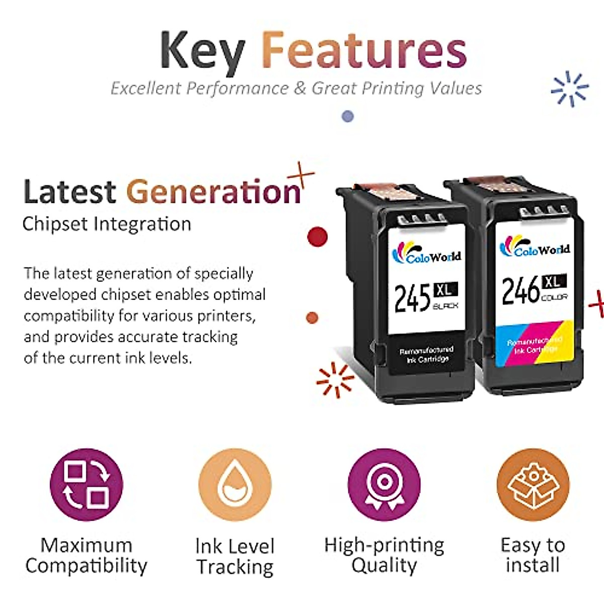 ColoWorld Remanufactured Ink Cartridge Replacement for Canon PG-245XL CL-246XL PG-243 CL-244 for Pixma MX492 MX490 TR4520 MG2522 MG2922 MG2520 MG2920 MG3022 iP2820 TS202 Printer (1 Black 1 Color)