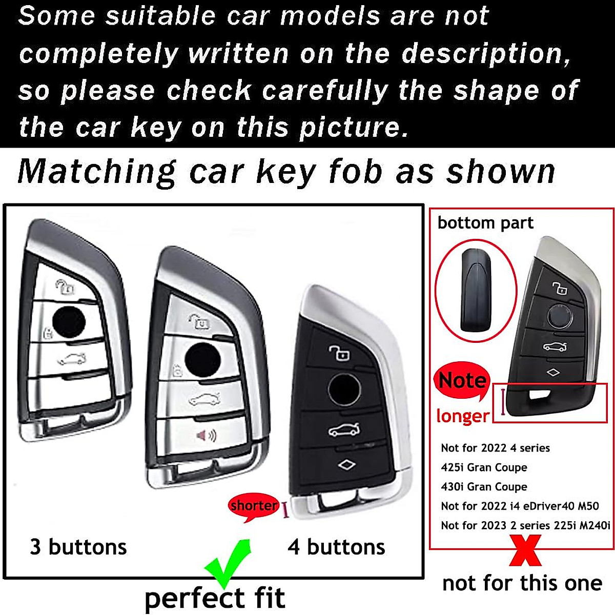 ontto Metal Leather Key Fob Cover with Keychain Key Protector Holder Jacket Skin Keyless Fit for BMW 1 2 5 7 M Series X1 X5 X6 Black