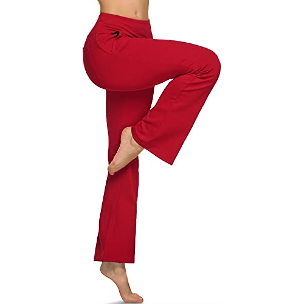 TSLA Womens Bootcut Yoga Pants with Pockets, Tummy Control High Waist Bootleg Yoga Pants, 4 Way Stretch Workout Pants, Bootcut Petite Red, Large