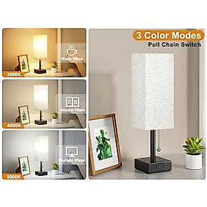 Aooshine Bedside Table Lamp with 3 Levels Brightness - 2700/3500/5000K Small Lamp with USB C+A Ports, Nightstand Light with 3 Color Modes by Pull Chain, Bedroom Lamp for Living Read(LED Bulb Included)