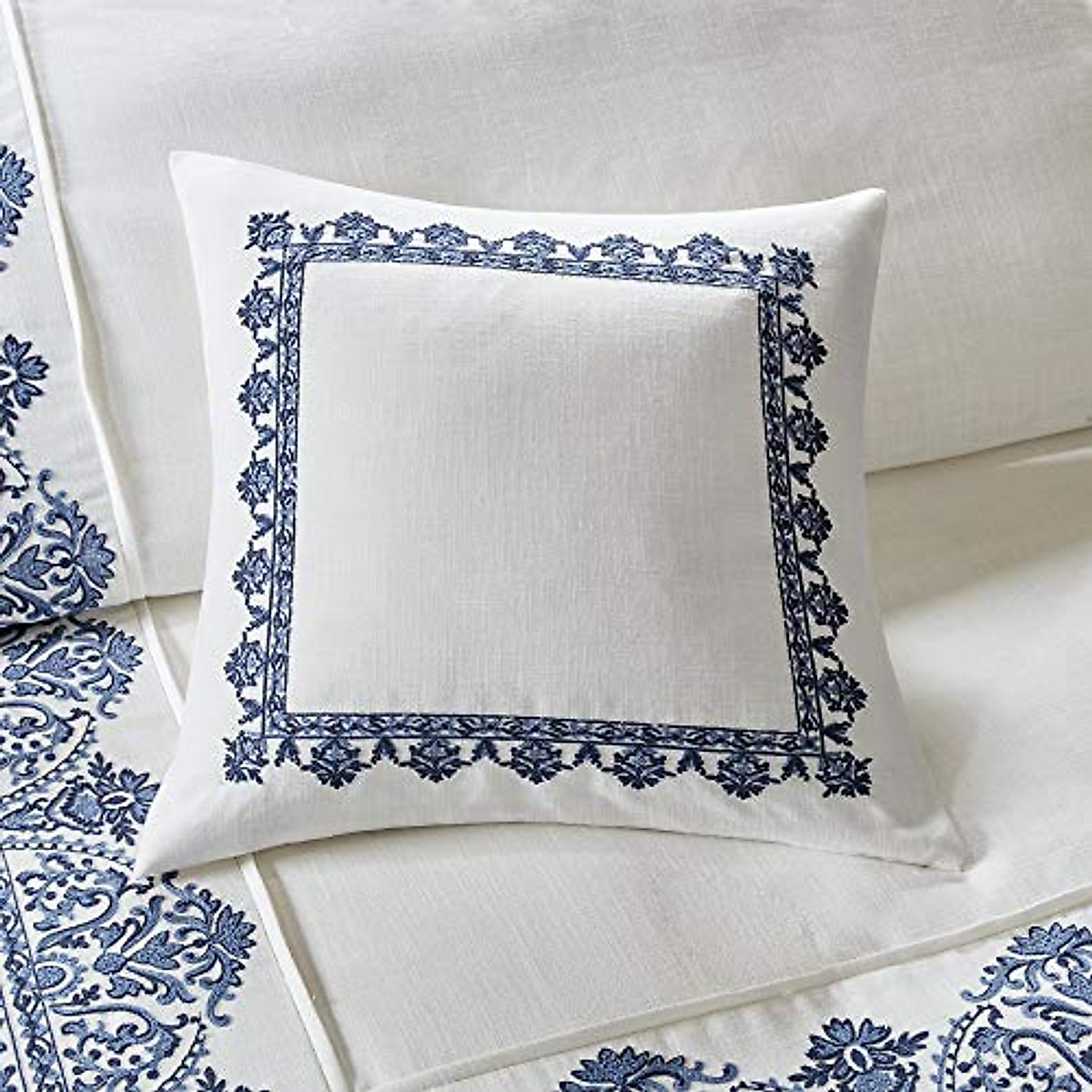 Madison Park Signature Cozy Comforter Set - All Season Bedding Combo Filled Insert and Removable Duvet Cover, Shams, Decorative Pillows, Queen (92 in x 96 in), Bohemian Blue 9 Piece