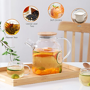 Glass Pitcher with Bamboo Lid, Glass Teapot Stovetop & Microwave Safe, Glass Borosilicate Teapot with Removable Filter Spout, 34oz/1000ml, Teapot for Loose Leaf and Blooming Tea and Fruit Tea