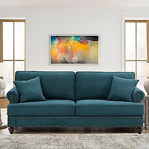 Asucoora Chenille Upholstered Couch, Rolled Arm 3-Seater Sofa Couch with Nailhead Trim and 2 Pillows Rolled Arm Green
