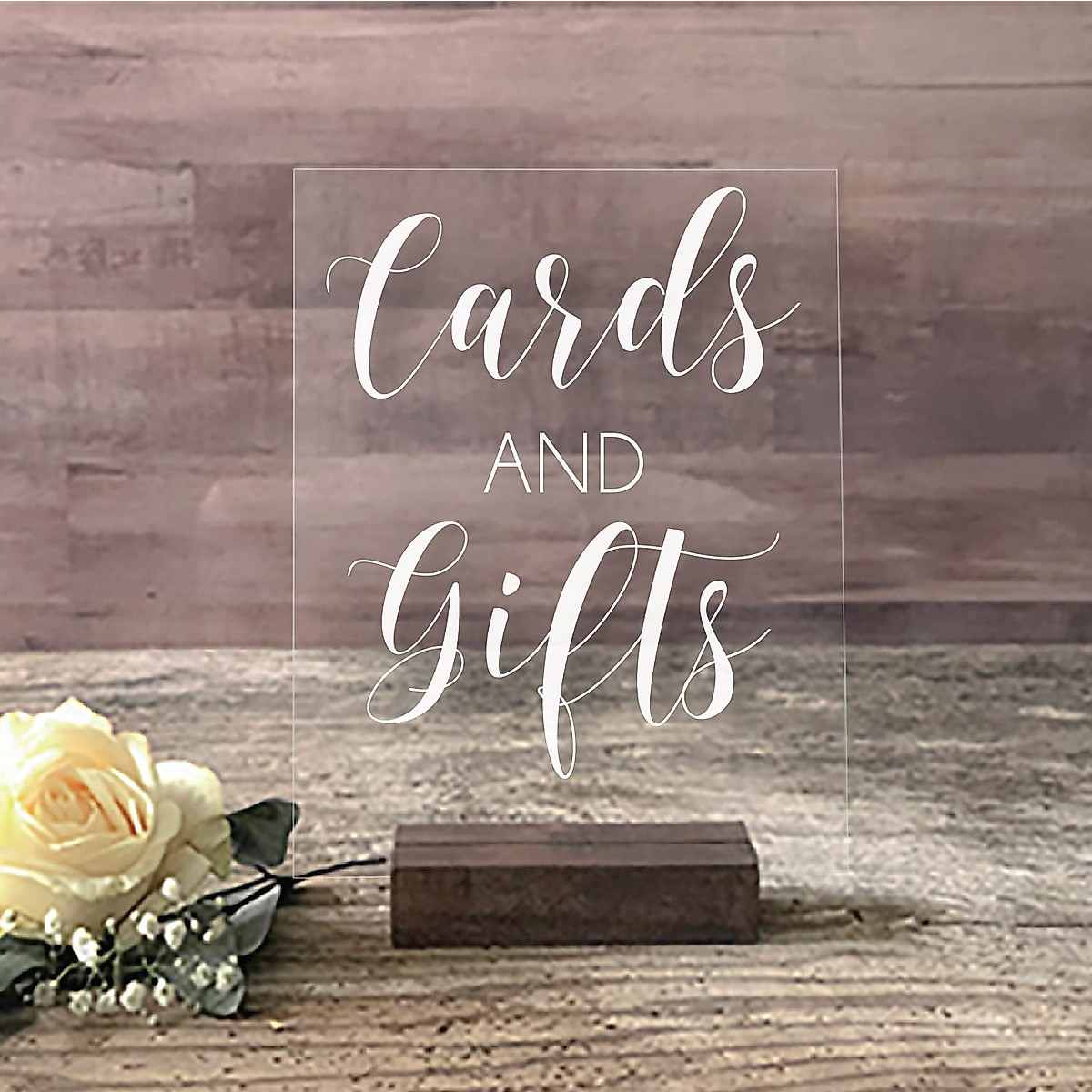 Cards and Gifts Acrylic Sign With Acrylic Base | 8x10 Lucite Wedding Decor | Acrylic Wedding Cards Table Sign (5X7, Dark Walnut Stand)