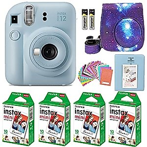 Fujifilm Instax Mini 12 Instant Camera Pastel Blue with Film Value Pack (40 Sheets) + Accessories Including Galaxy Carrying Case Strap, Photo Album, Stickers (Pastel Blue), Compact