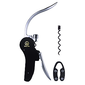 Wine Ziz Black Screw-pull Lever Corkscrew Wine Bottle Opener Set with Bonus Foil Cutter Tool and Extra Spare Corkscrew Spiral, Heavy-Duty Metal Manual Cork Screw, Best Wine Gift Kit (Silver)