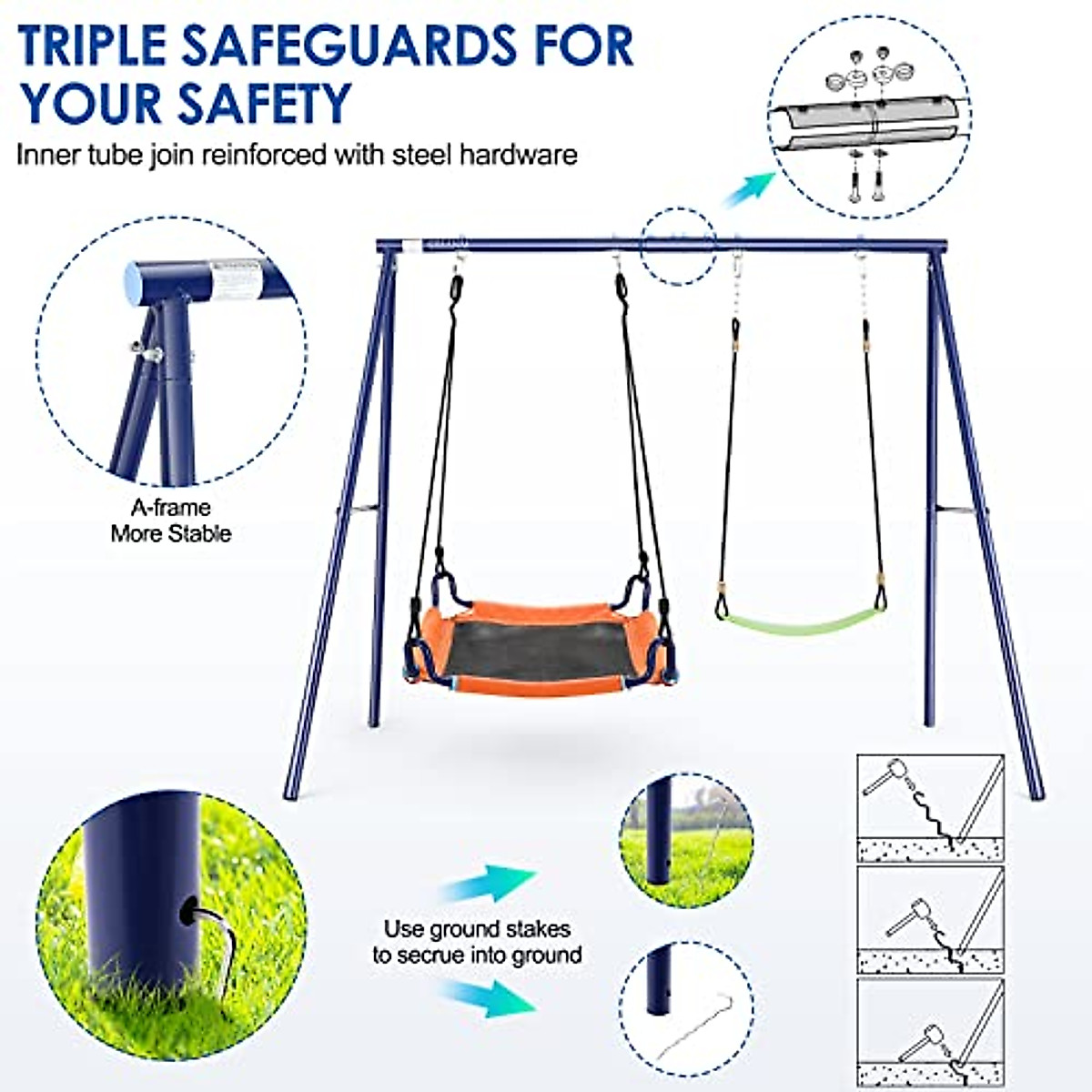 Swing Sets for Backyard - Outdoor Swing Set for Kids Adults with Heavy Duty Metal A-Frame Stand, Adjustable Platform Saucer Swing Seat and Belt Swing Seat Playground Playset Holds 440 lbs Blue
